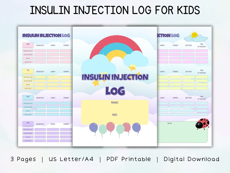 Insulin Injection Log for Kids Printable, Children Blood Sugar Log ...