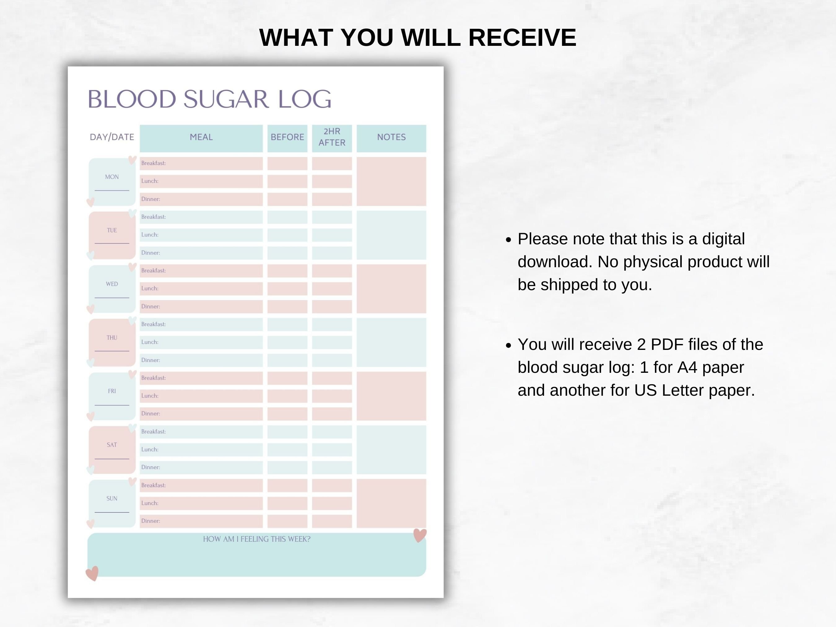 Blood Sugar Log Printable, Blood Sugar Tracker, Diabetes Log, Glucose ...