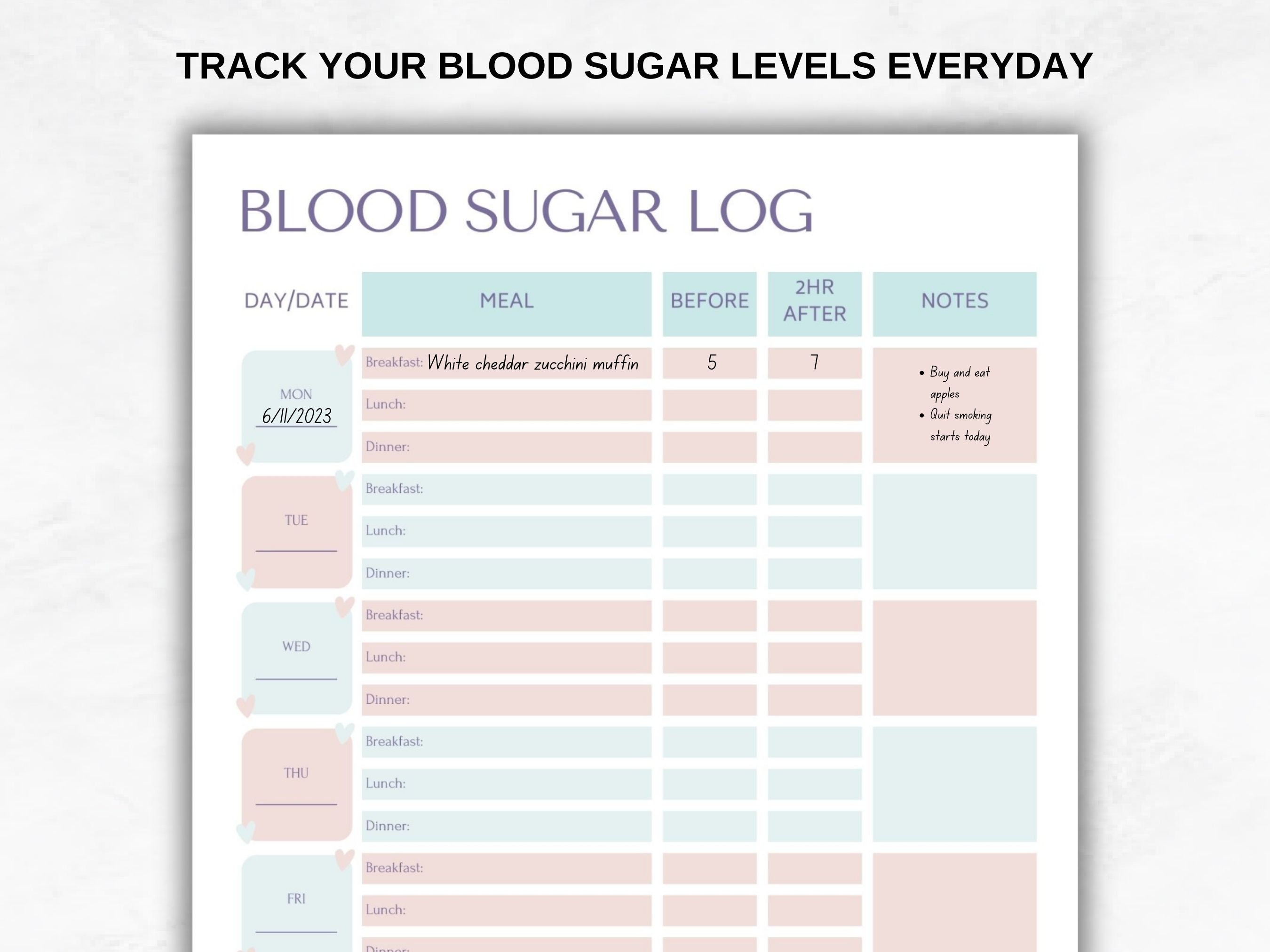 Blood Sugar Log Printable, Blood Sugar Tracker, Diabetes Log, Glucose ...
