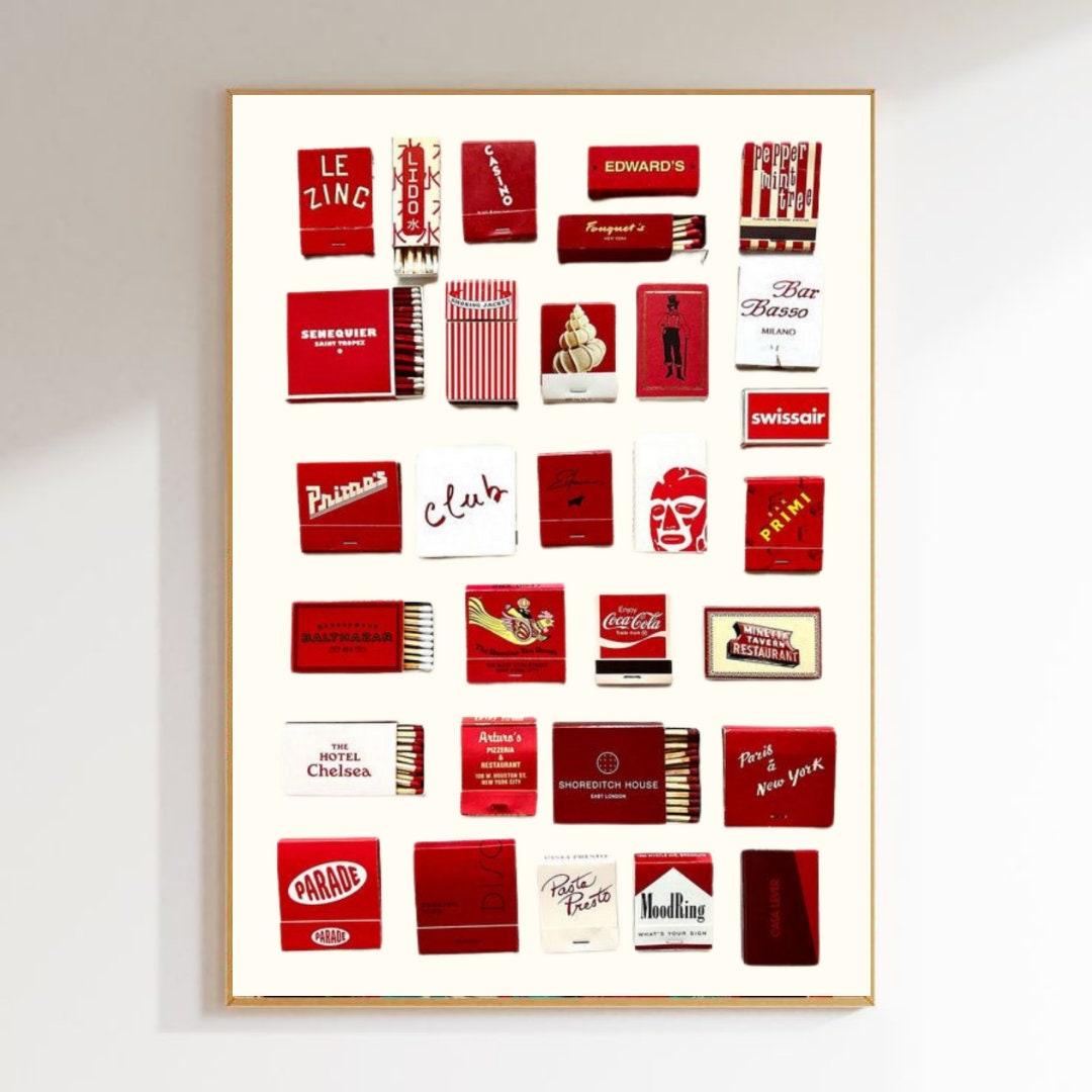 Vintage Matchbox Print, Trendy Matches Poster, Retro Wall Art, Funky Red Apartment Aesthetic ...