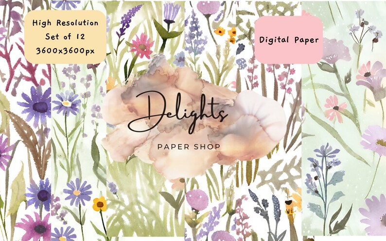 Watercolor Wildflower Fields Digital Paper, Watercolor Wildflowers ...