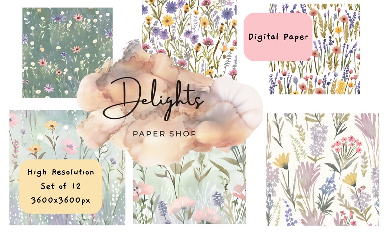 Watercolor Wildflower Fields Digital Paper, Watercolor Wildflowers ...