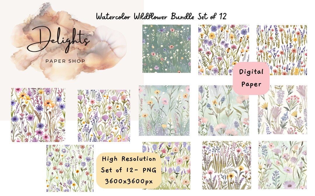 Watercolor Wildflower Fields Digital Paper, Watercolor Wildflowers ...