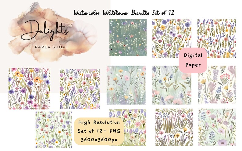 Watercolor Wildflower Fields Digital Paper, Watercolor Wildflowers ...
