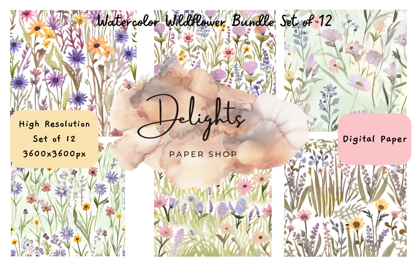 Watercolor Wildflower Fields Digital Paper, Watercolor Wildflowers ...