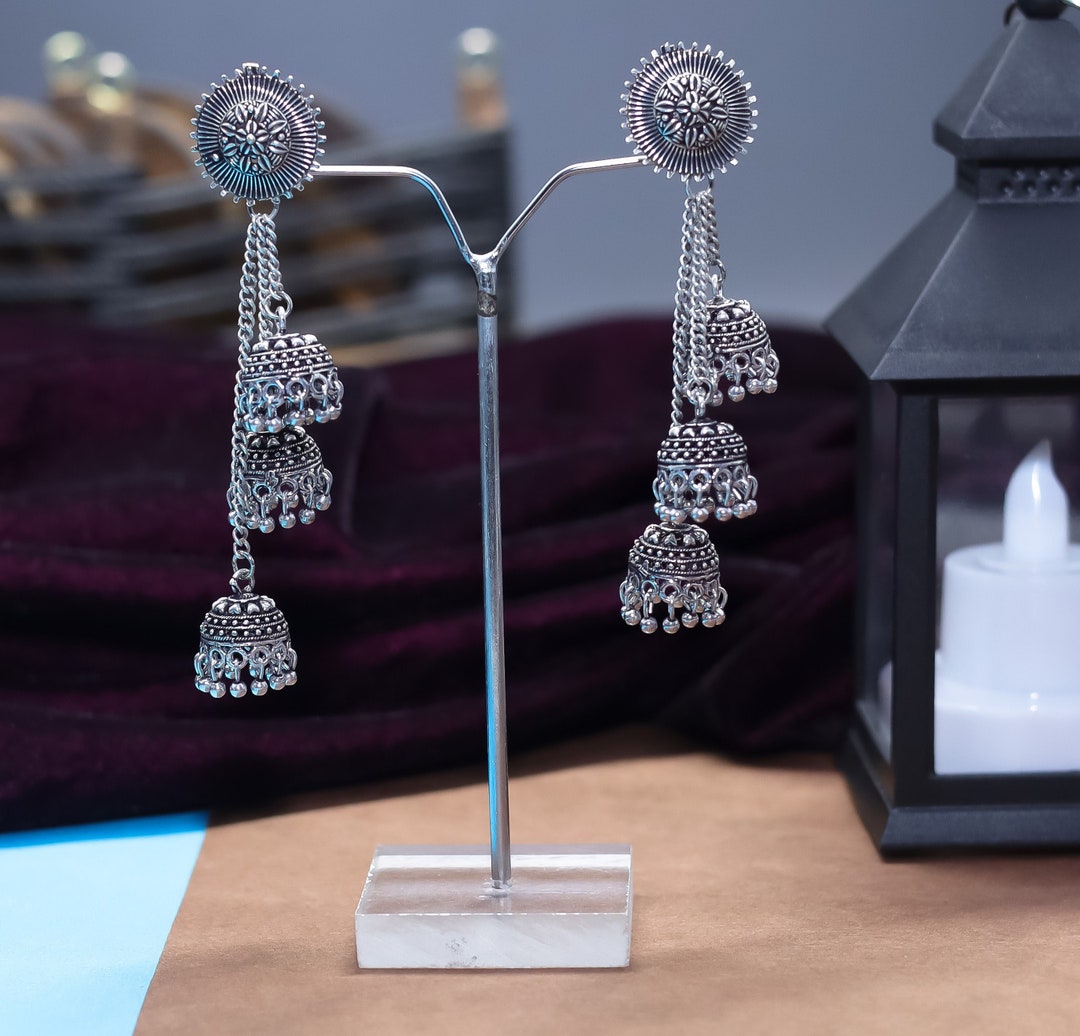 Deepika-beautiful Ethnic Silver Oxidized Earrings, Three Layered Long ...