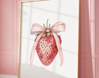 Retro Strawberry Print, Girly Pink Aesthetic Kitchen Wall Art ...