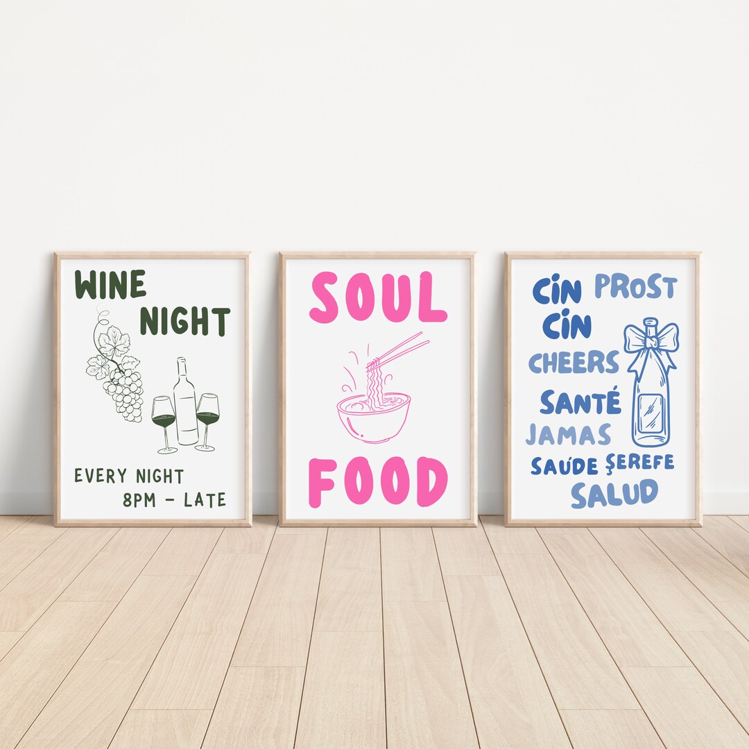 Wine and Dine Set Retro Food Print, Digital Print, Salut Art Print, Cin ...