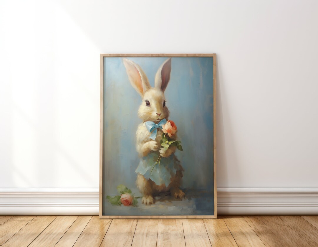 Vintage Bunny Portrait Print, Rabbit With Flowers Art Print, Trendy ...