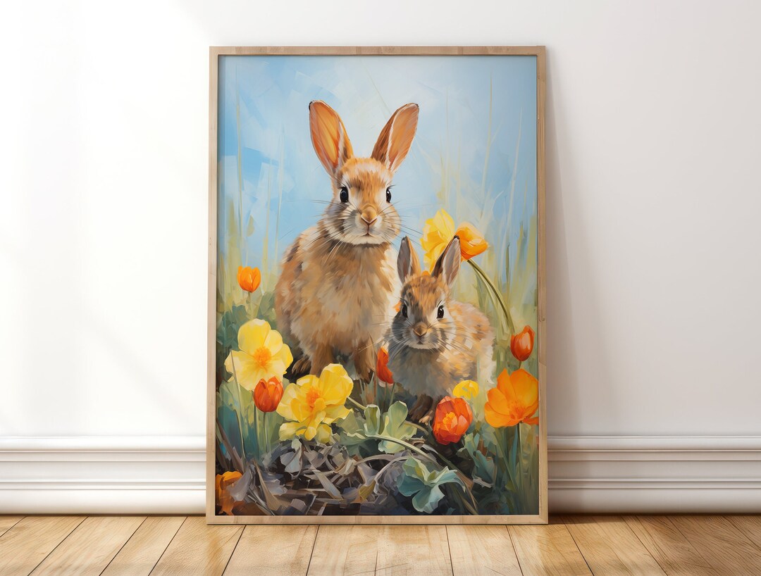 Vintage Rabbit Painting Printable Wall Art, Antique Bunny Print, Rustic ...