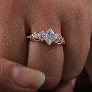 Princess Cut Moissanite Engagement Ring Unique Rose Gold Engagement Ring Dainty Diamond Bridal ...