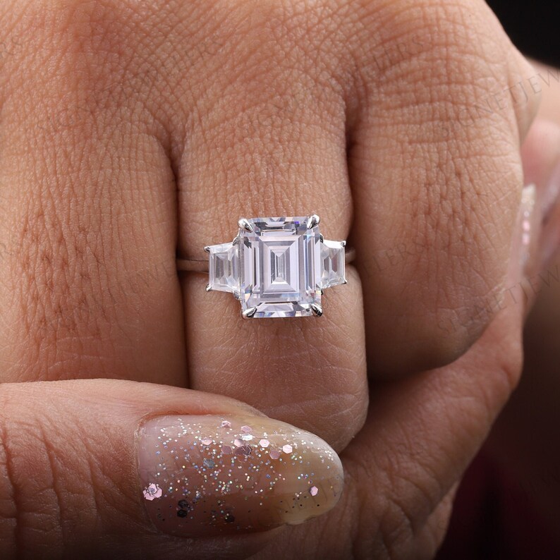 Emerald Cut Three Stone Engagement Ring, Emerald Cut Diamond Ring, IGI ...