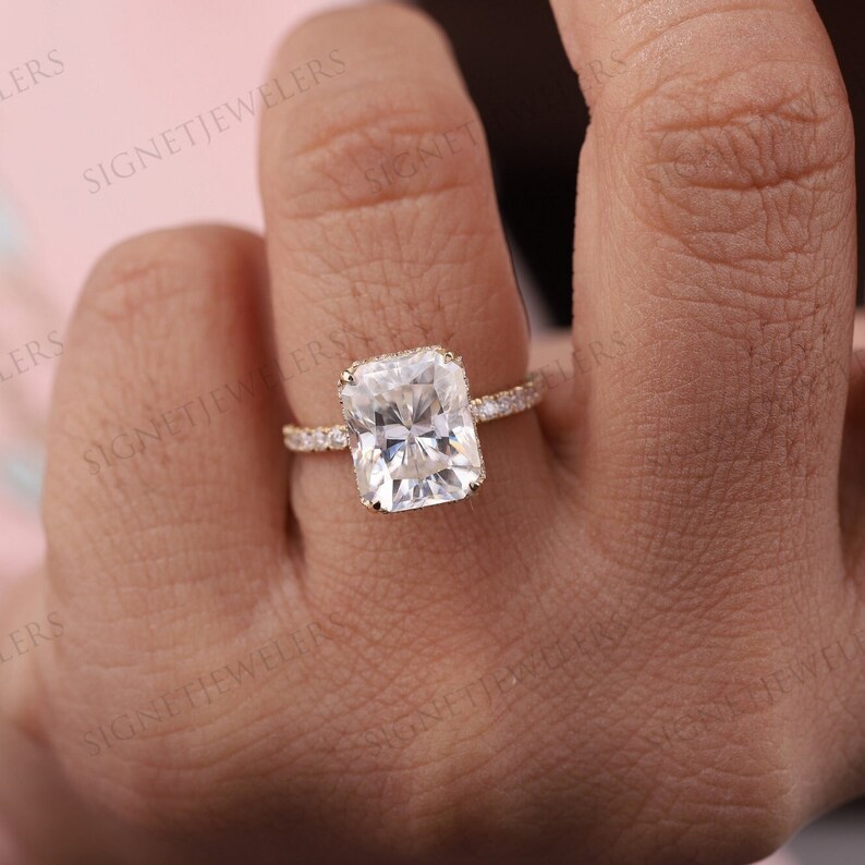 Solid Gold Radiant Moissanite Engagement Ring, Pave Set Hidden Halo ...