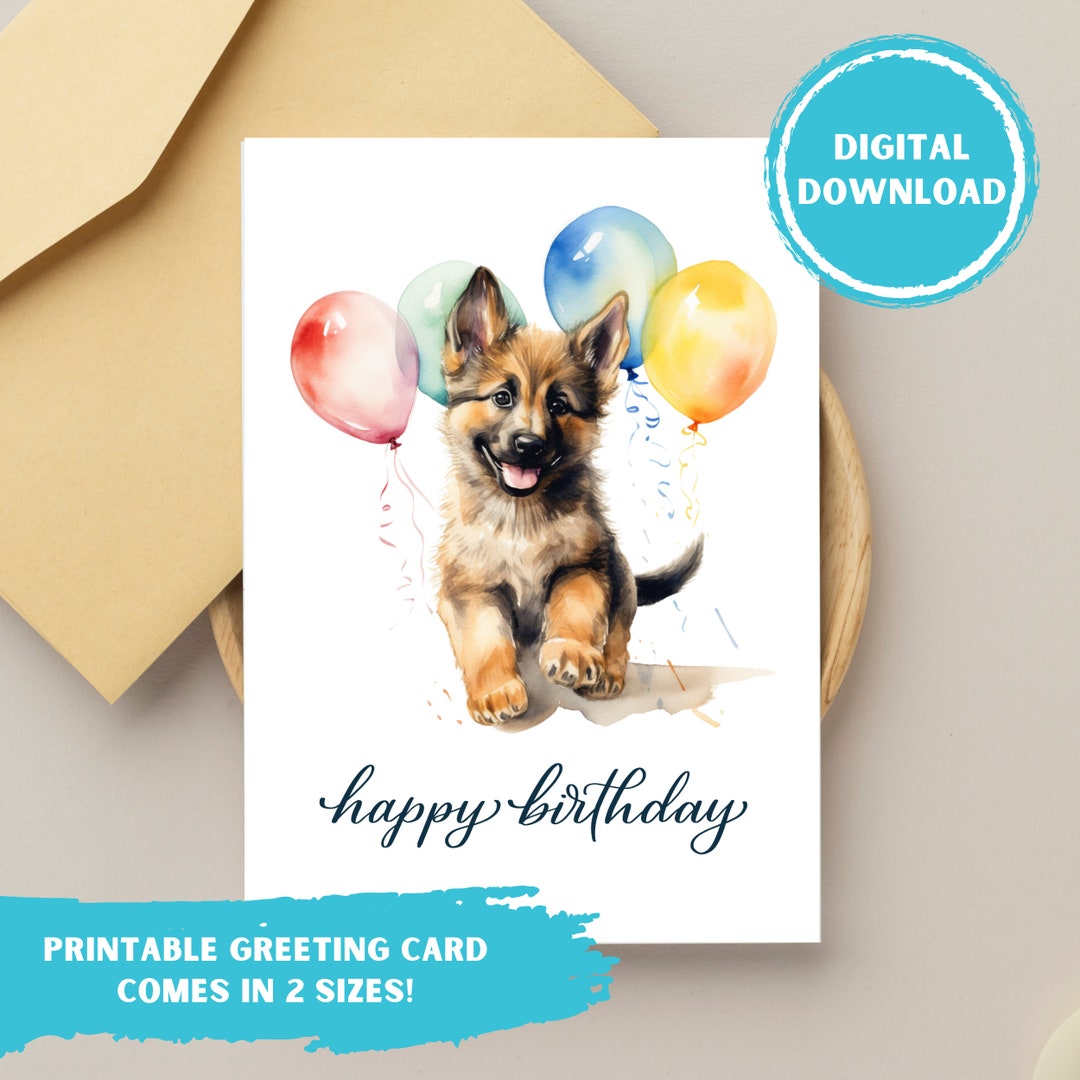 German Shepherd Happy Birthday Card, Digital Greeting, Alsatian Puppy ...