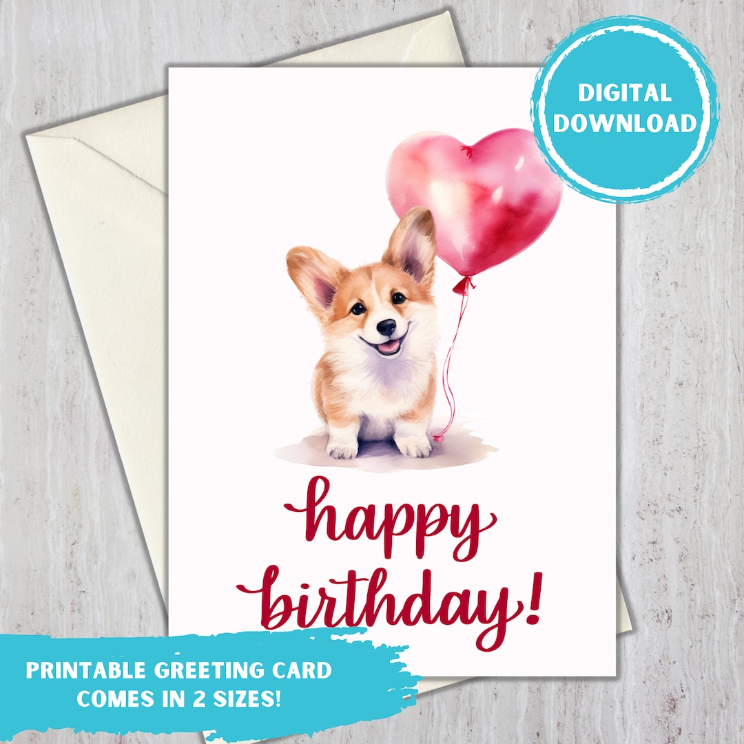 Corgi Happy Birthday Digital Greeting Card, Instant Printable Download ...