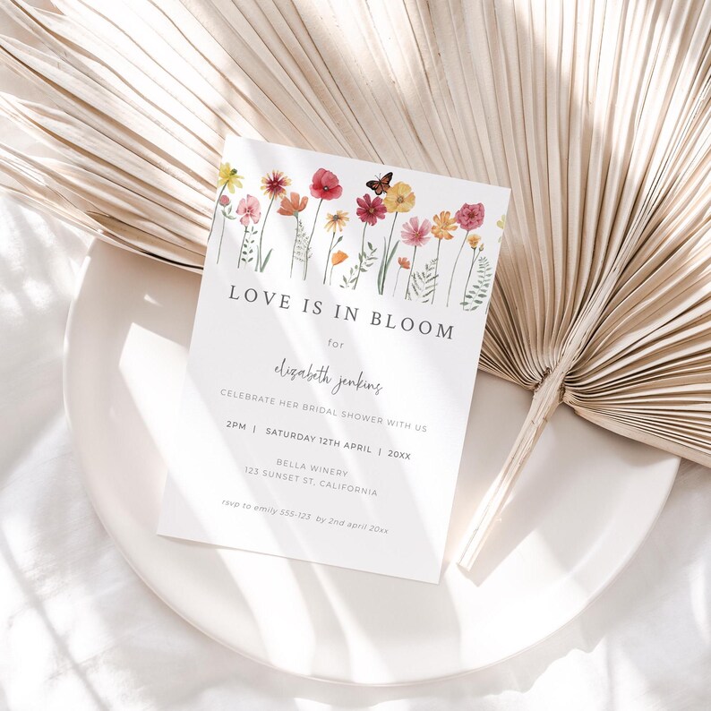Boho Floral Bridal Shower Invite, Love is in Bloom Wildlower Floral ...