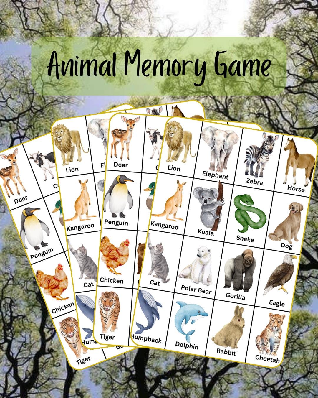 Printable Animal Memory & Flash Cards - 64 Pack | Wildlife Memory Game ...