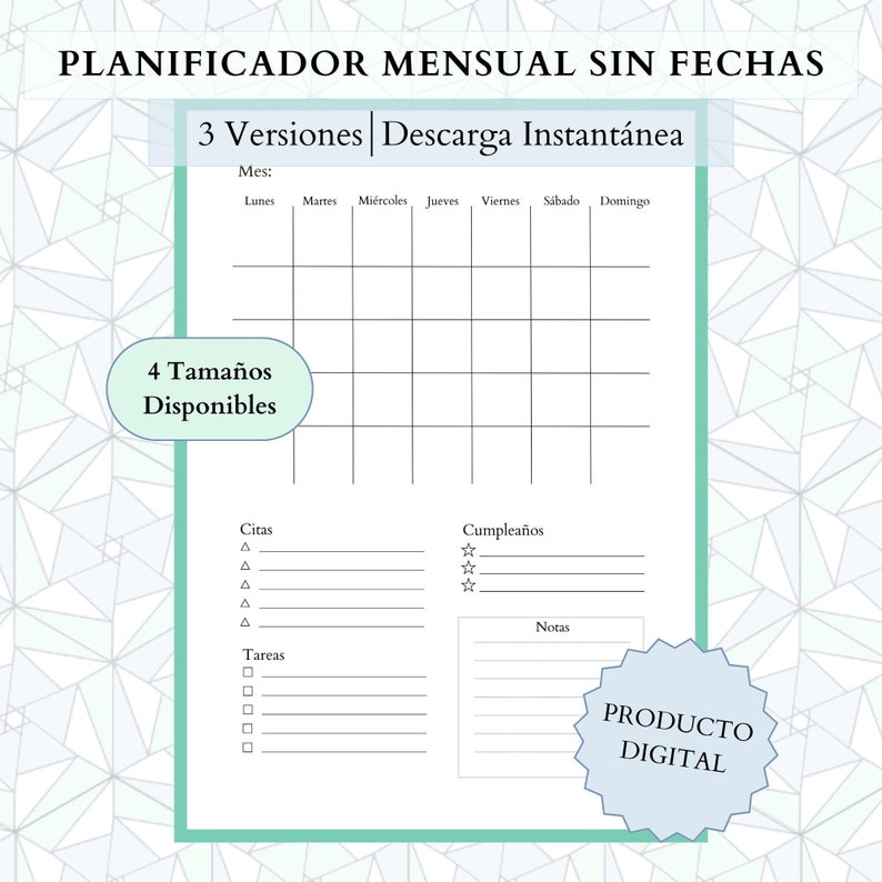 Planificador mensual imprimible minimal sin fechas, planner mensual ...