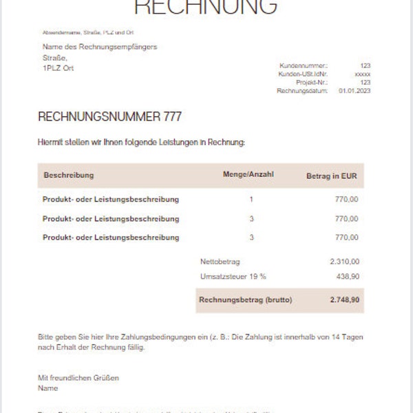 Invoice Template in German - Etsy