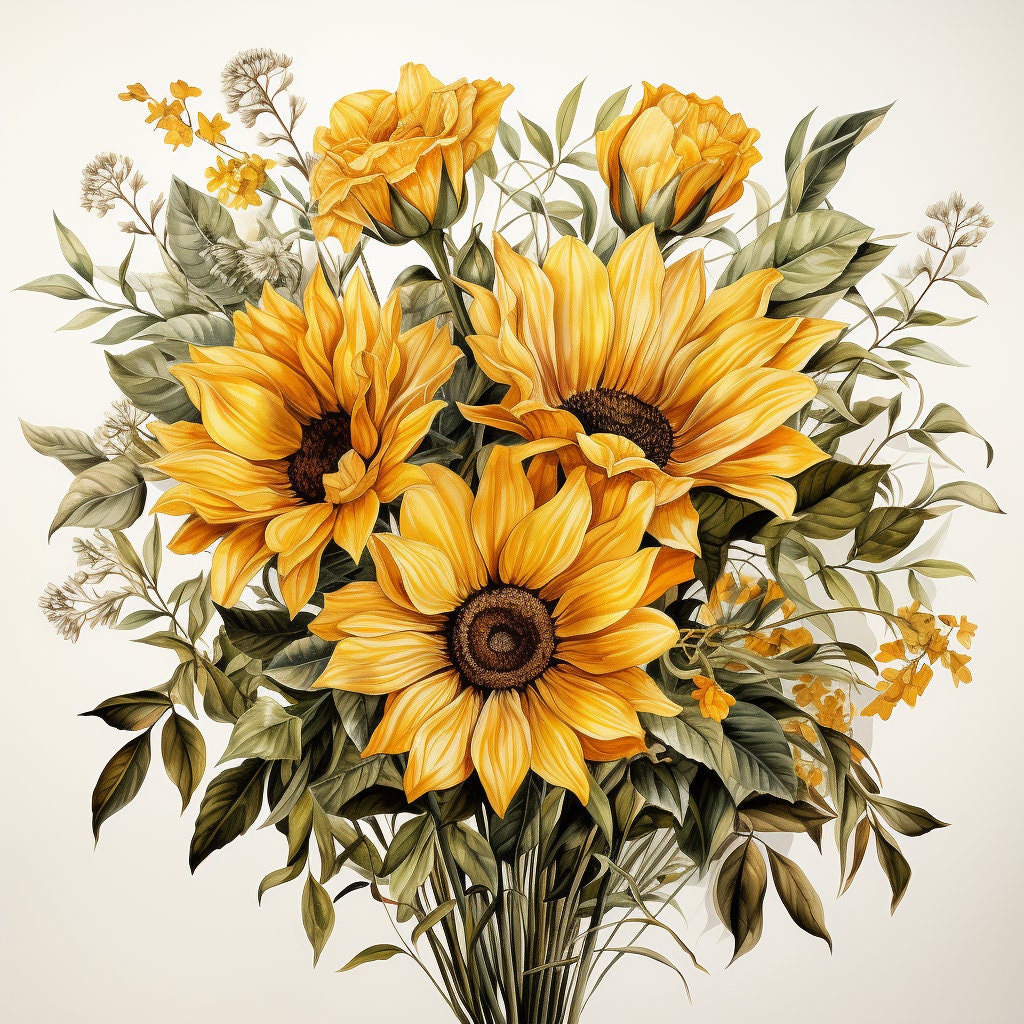 Sunflower Clipart Bundle Sunflower Illustration Bundle Botanical Flower ...