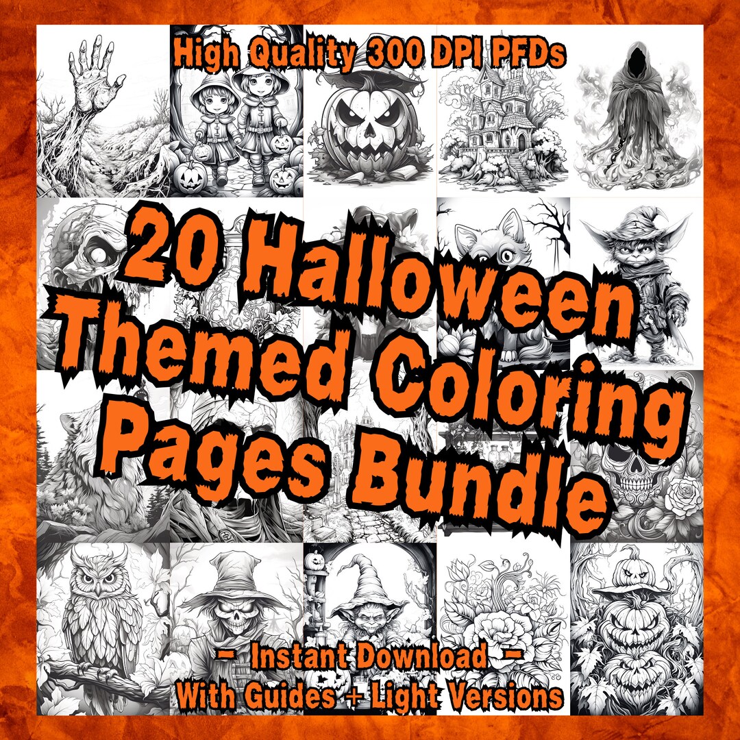 Halloween Coloring Pages Bundle 300 DPI PDF Files With Guides and Light ...