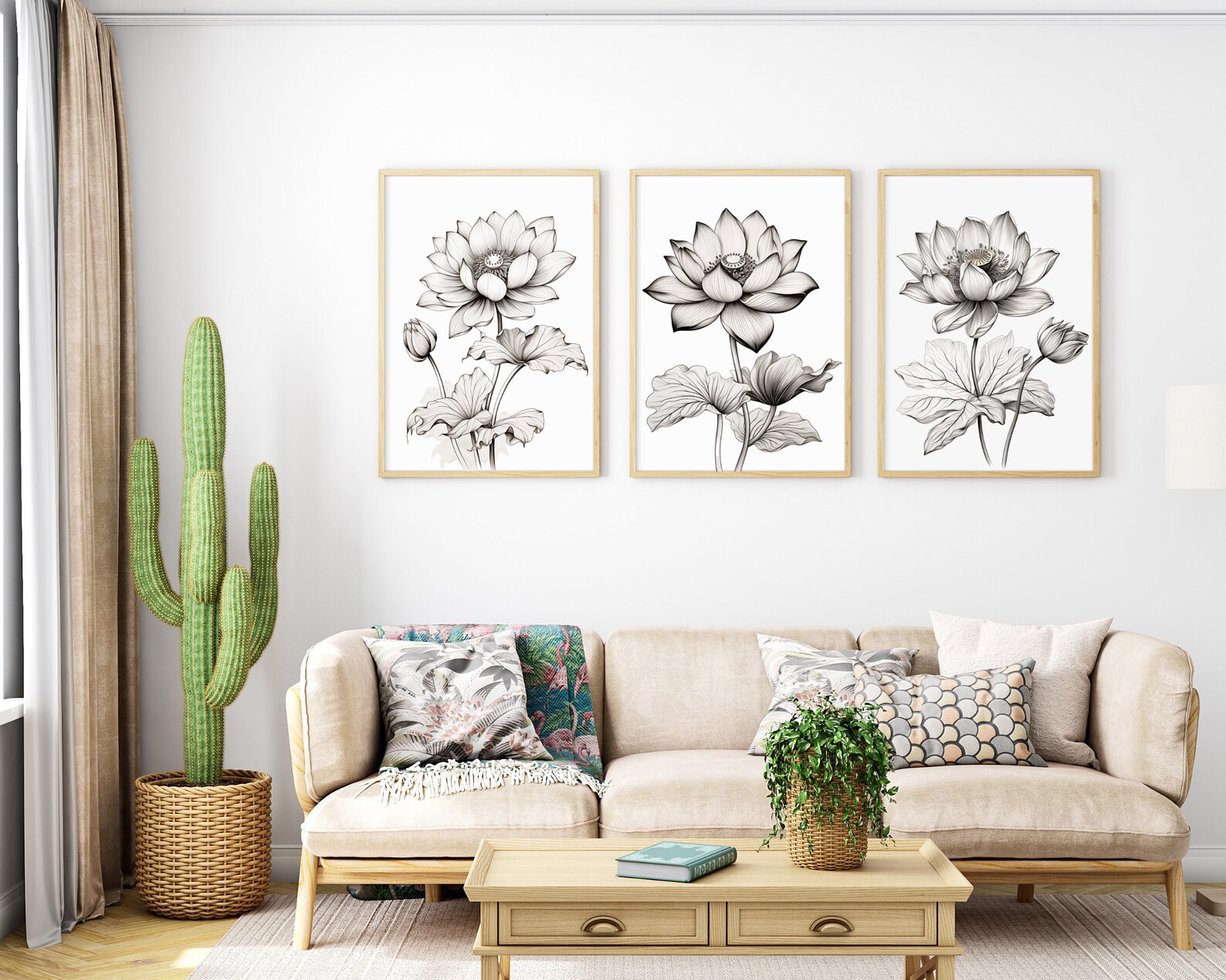 Lotus Flower Wall Art Set of 3 Lotus Sketch Prints Botanical Lotus ...