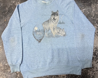 Vintage 90s Wolf Wild Animal Blue Sweatshirt Large Wolf Wildlife ...