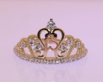 14K Gold 15 Anos Quinceanera Crown RING/ Fifteen CZ Stones for Sweet ...