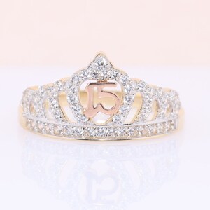 14K Gold 15 Anos Quinceanera Crown RING/ Fifteen CZ Stones for Sweet ...