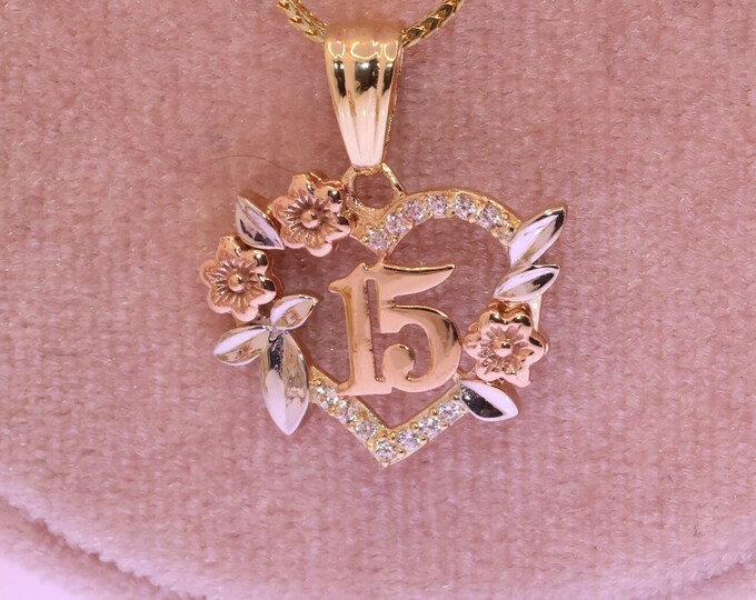 14K Gold 15 Anos Quinceanera Pendant/ Fifteen CZ Stones for Sweet 15th ...