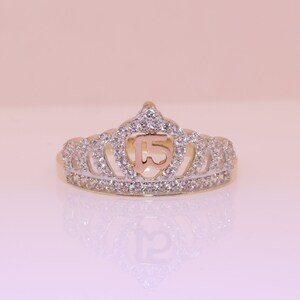 14K Gold 15 Anos Quinceanera Crown RING/ Fifteen CZ Stones for Sweet ...