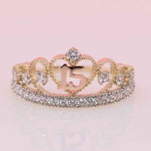 14K Gold 15 Anos Quinceanera Crown RING/ Fifteen CZ Stones for Sweet 15 ...