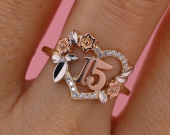 14K Gold 15 Anos Quinceanera Crown RING/ Fifteen CZ Stones for Sweet 15 ...