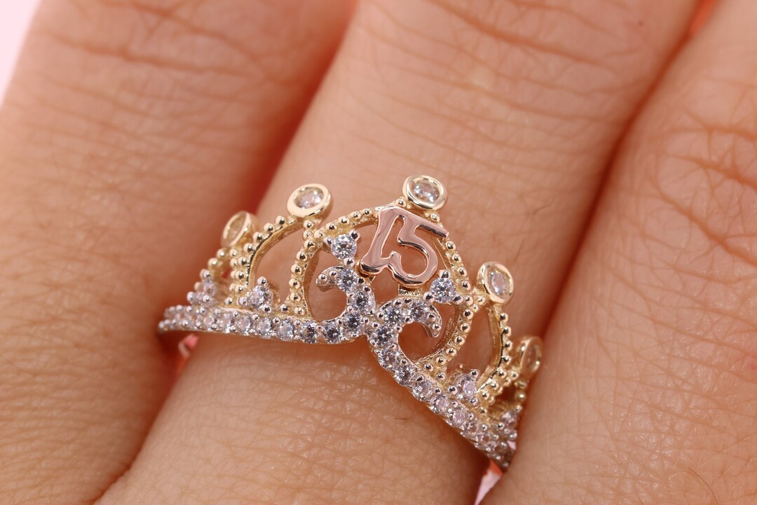 14K Gold 15 Anos Quinceanera Crown RING/ Fifteen CZ Stones for Sweet 15 ...