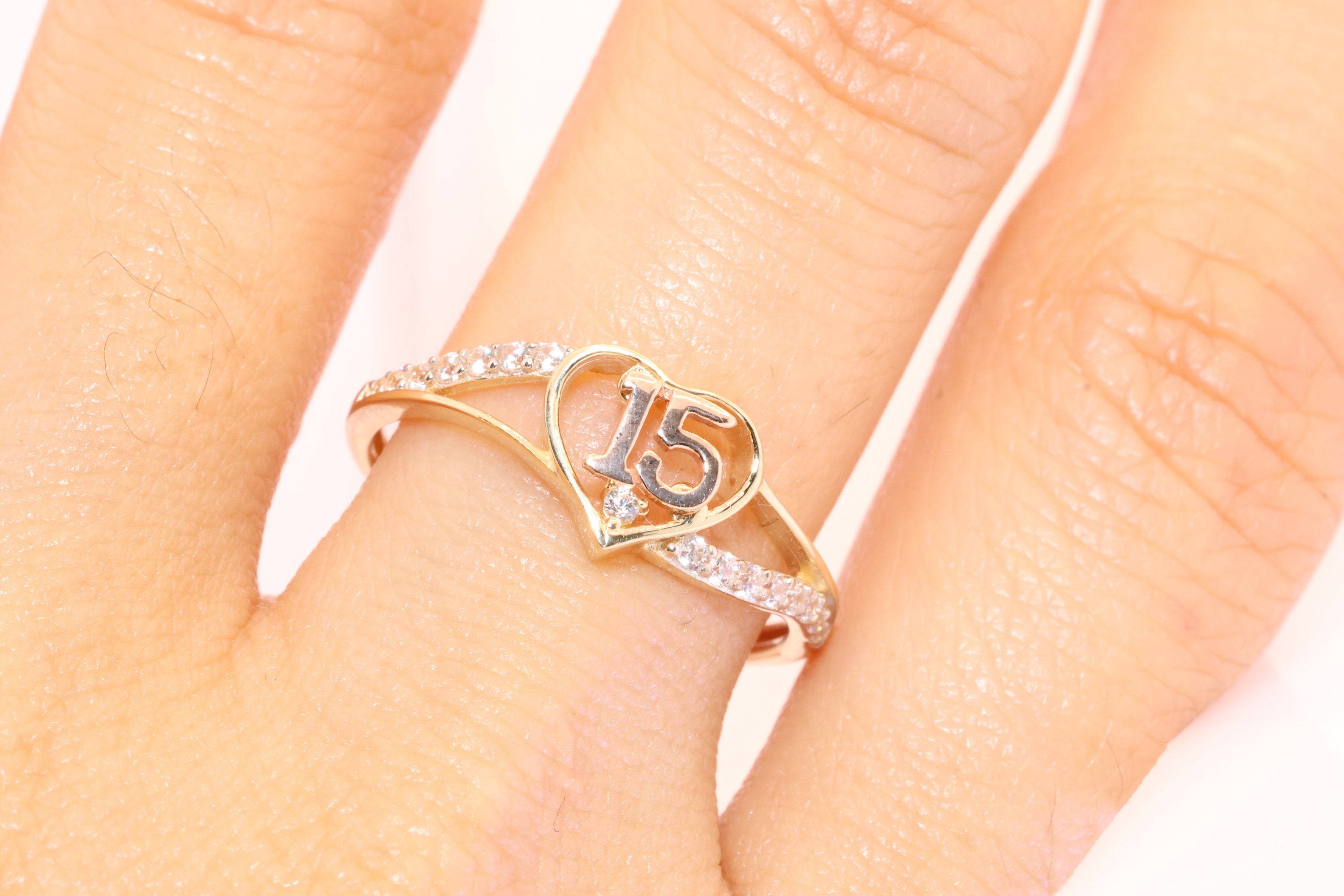 14K Gold 15 Anos Quinceanera HEART RING/ Fifteen CZ Stones for - Etsy
