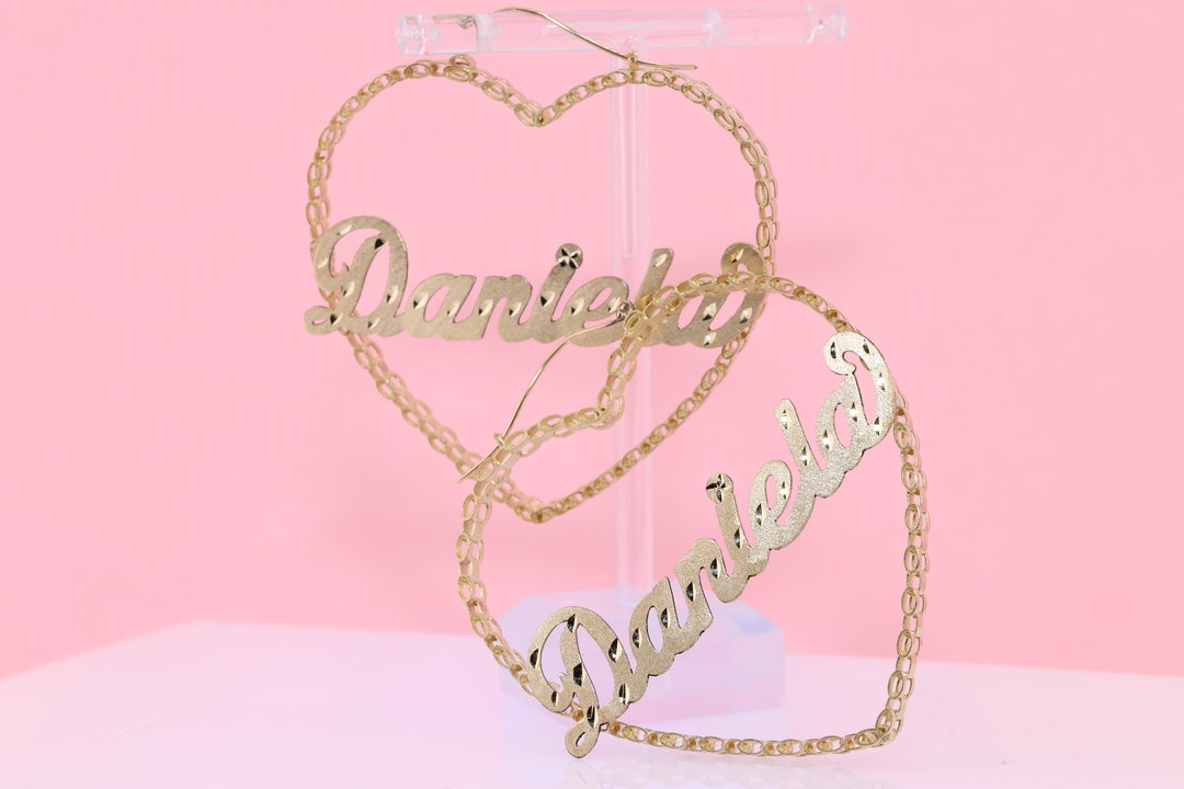 10k 14k Real Solid Gold Custom Rollie Heart Hoop Earrings, Name Heart ...