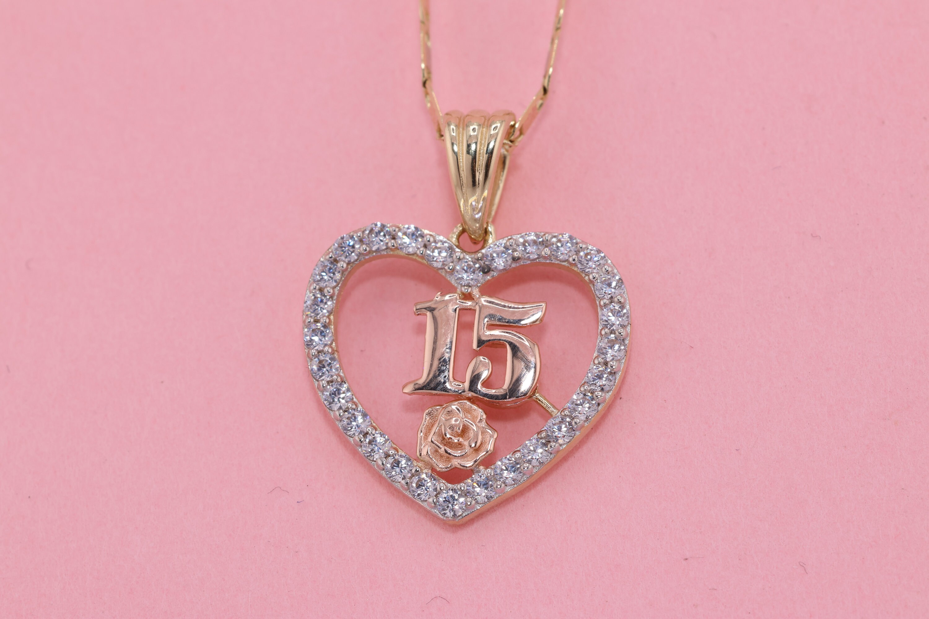 14K Gold 15 Anos Quinceanera Crown Pendant/ Fifteen CZ Stones for Sweet ...