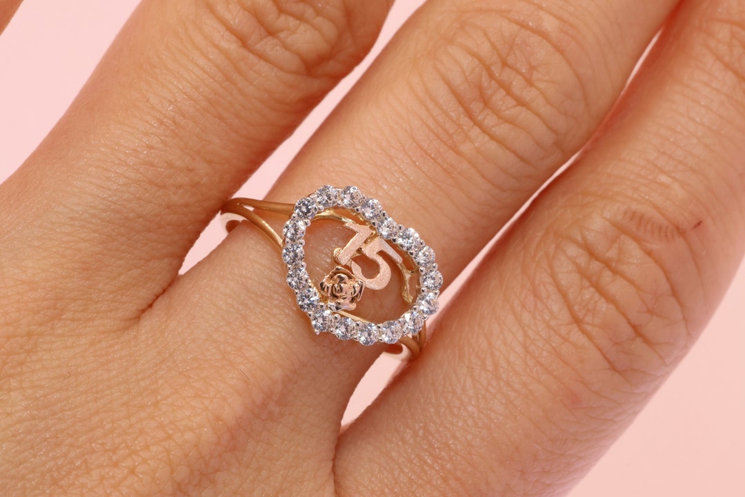 14K Gold 15 Anos Quinceanera Heart RING/ Fifteen CZ Stones for Sweet ...