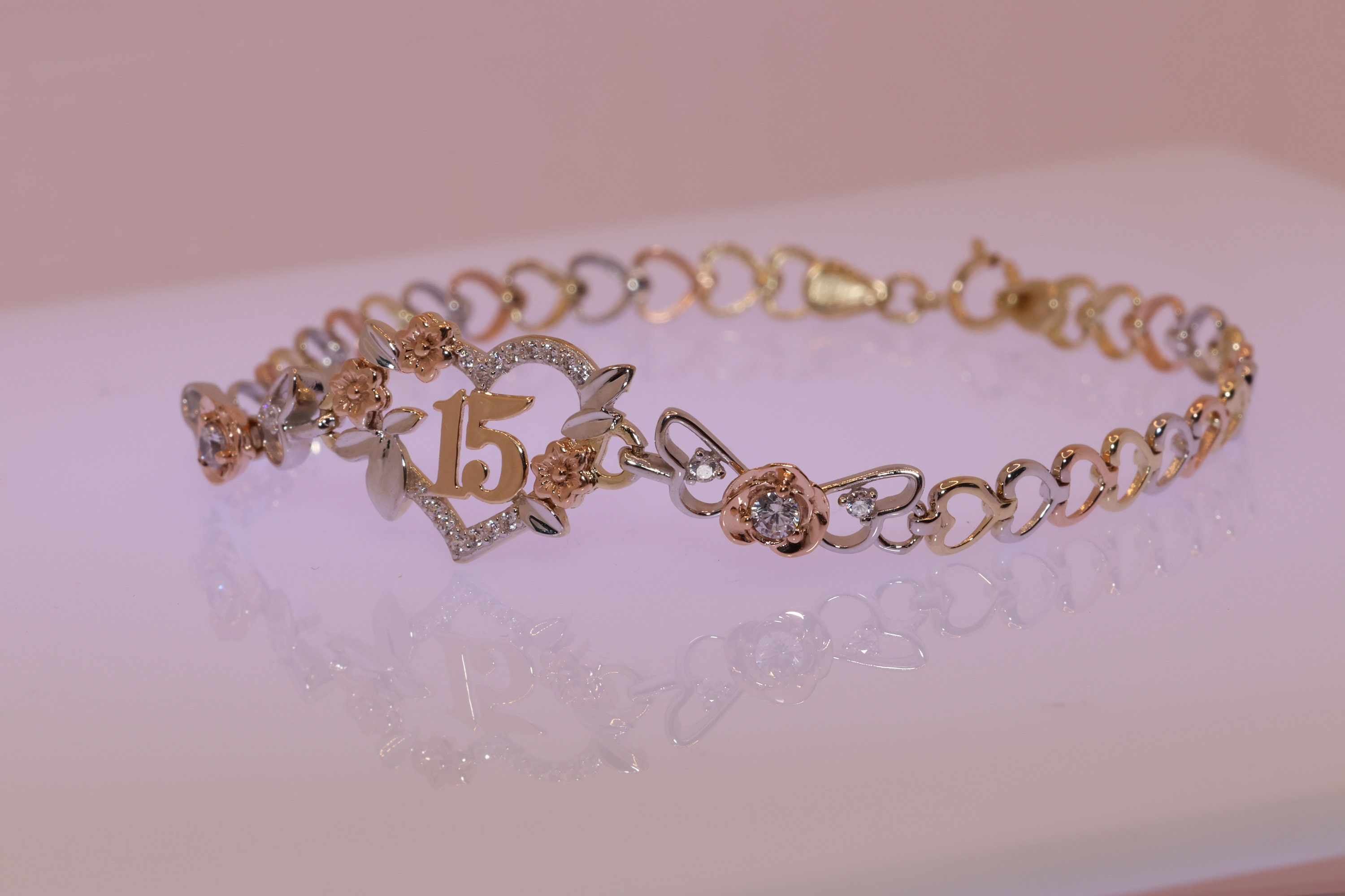14K Gold 15 Anos Quinceanera Bracelet/ Fifteen CZ Stones for Sweet 15th Birthday Gift / Gift for ...