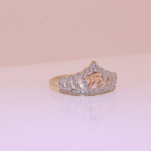 14K Gold 15 Anos Quinceanera Crown RING/ Fifteen CZ Stones for Sweet ...