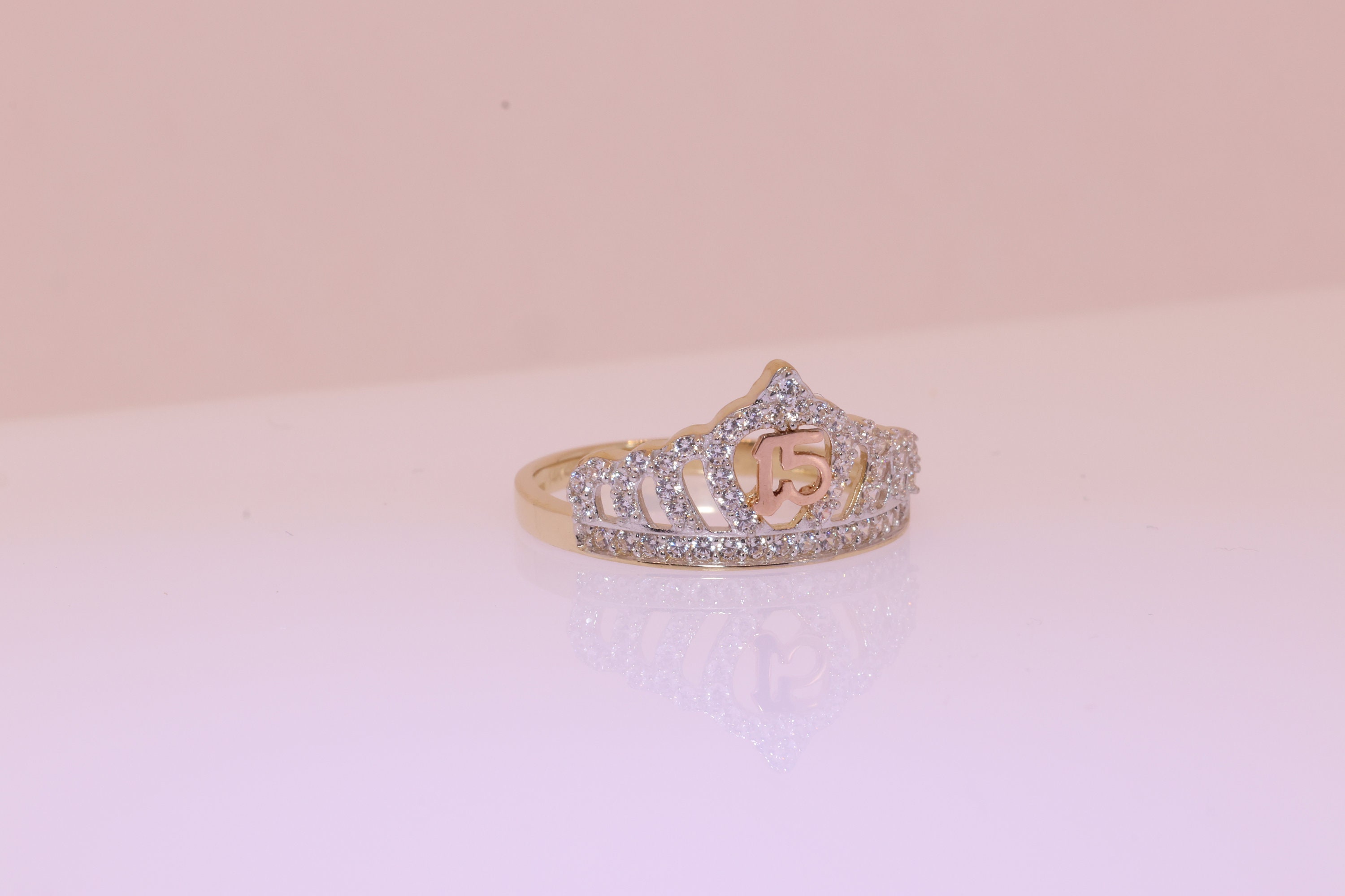 14K Gold 15 Anos Quinceanera Crown RING/ Fifteen CZ Stones for - Etsy