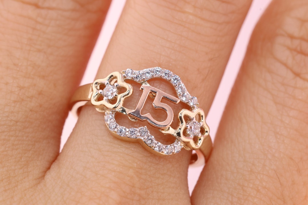 14K Gold 15 Anos Quinceanera Crown RING/ Fifteen CZ Stones for Sweet 15 ...