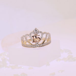 14K Gold 15 Anos Quinceanera Crown RING/ Fifteen CZ Stones for Sweet 15 ...