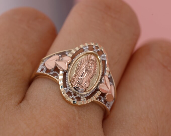14k Solid Gold Virgin Mary Virgen Maria Lady Guadalupe Ring Gift for ...
