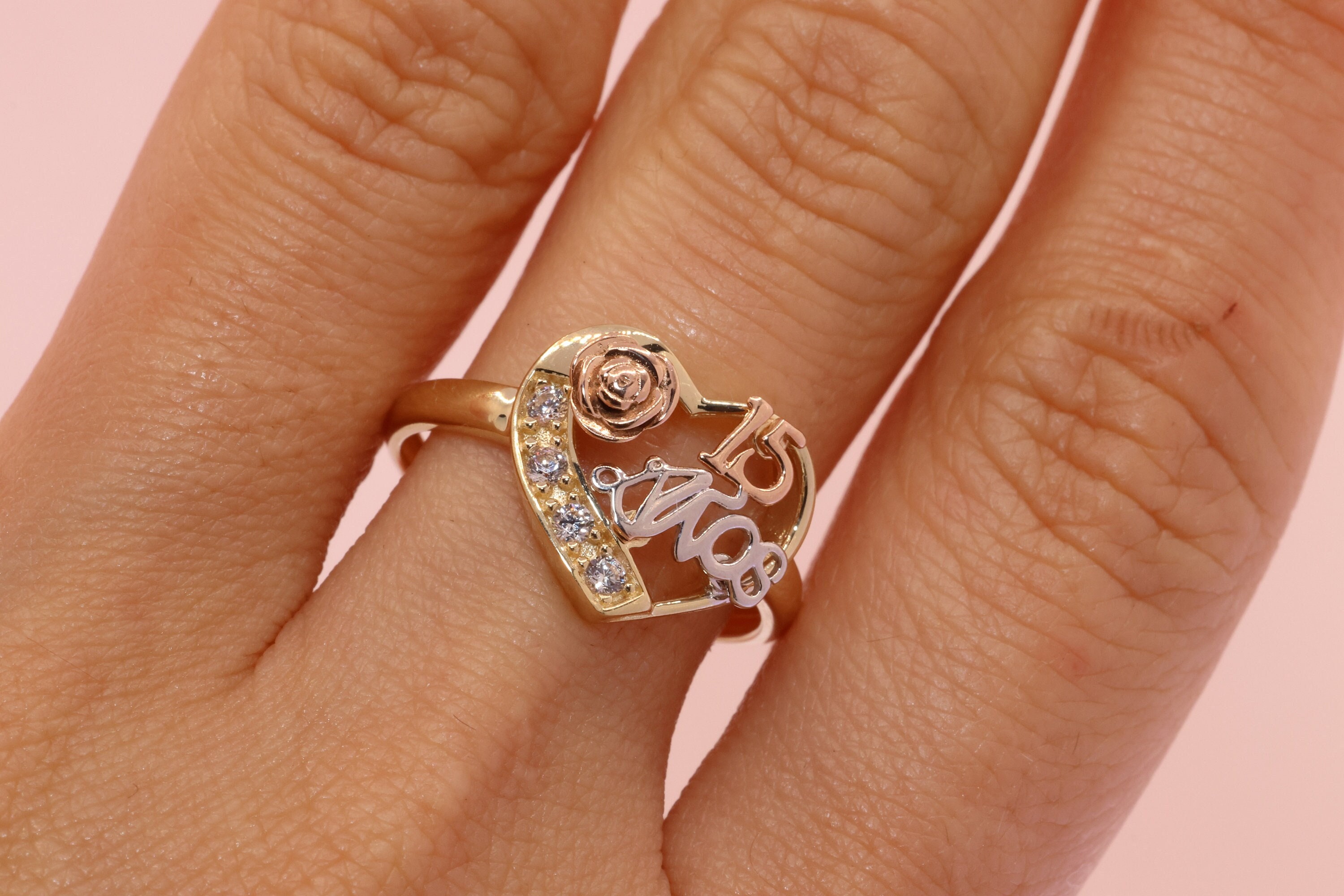 14K Gold 15 Anos Quinceanera Flower Ring / Fifteen CZ Stones - Etsy