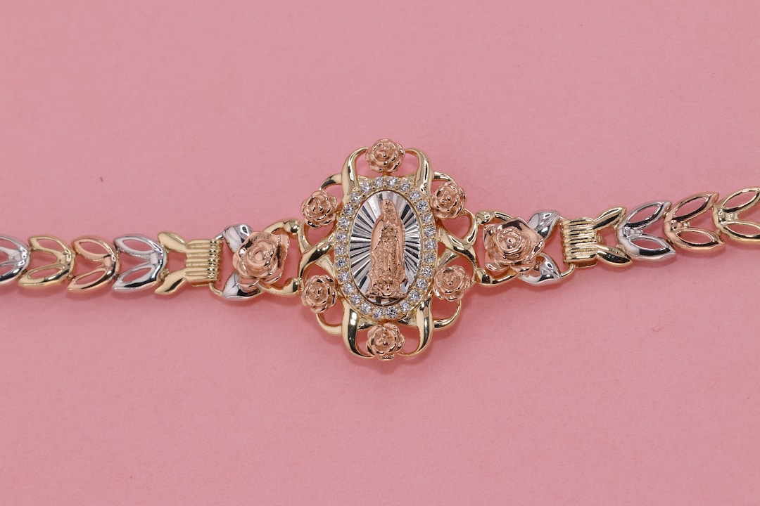 14K Gold Tri Color Virgin Mary Virgen Maria Lady Guadalupe Bracelet ...