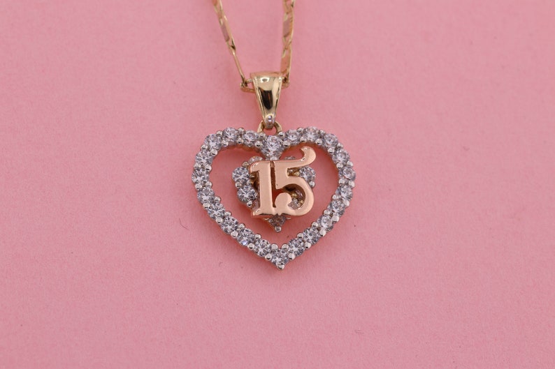 14K Gold 15 Anos Quinceanera Crown Pendant/ Fifteen CZ Stones for Sweet ...