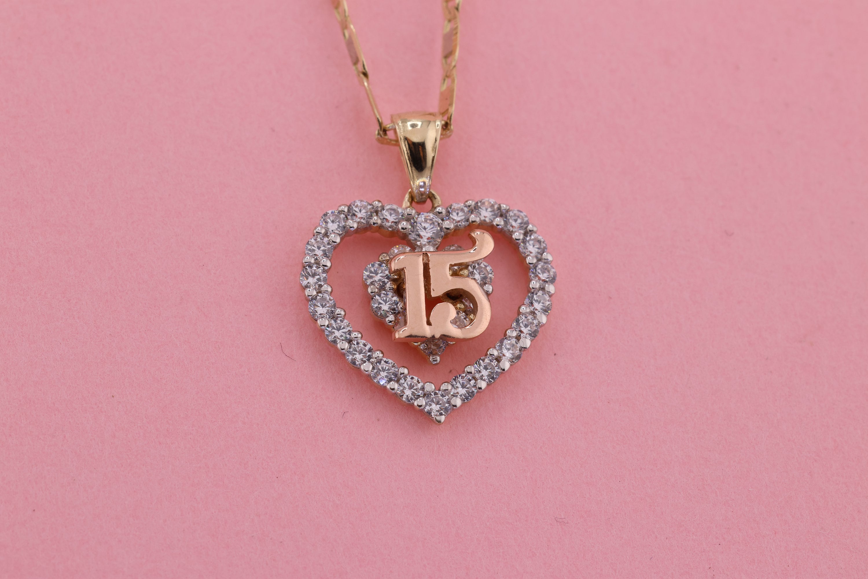 14K Gold 15 Anos Quinceanera Crown Pendant/ Fifteen CZ Stones for Sweet ...