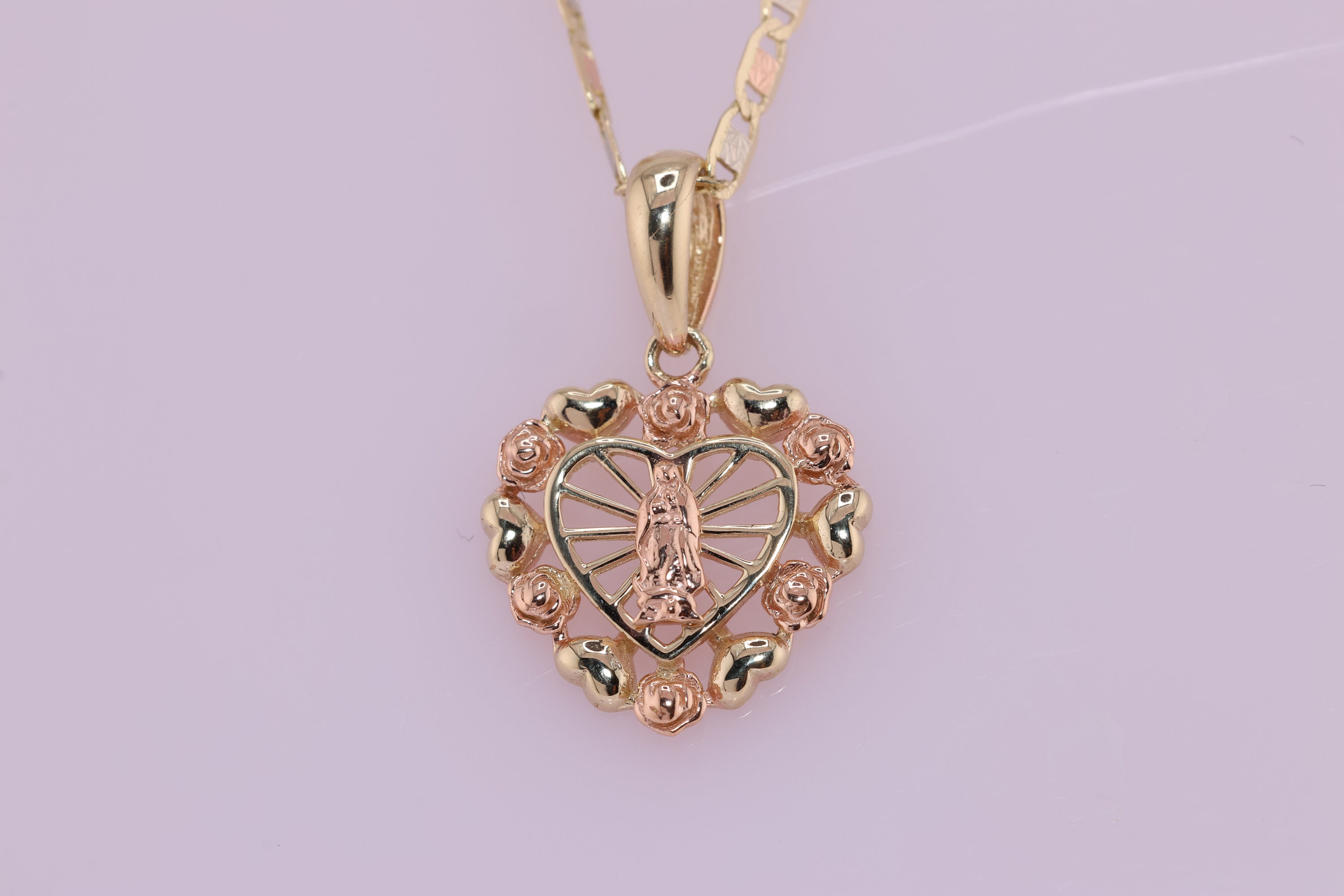 14k Solid Tiny Gold Virgin Mary Heart Pendant/ Virgin Maria Lady ...