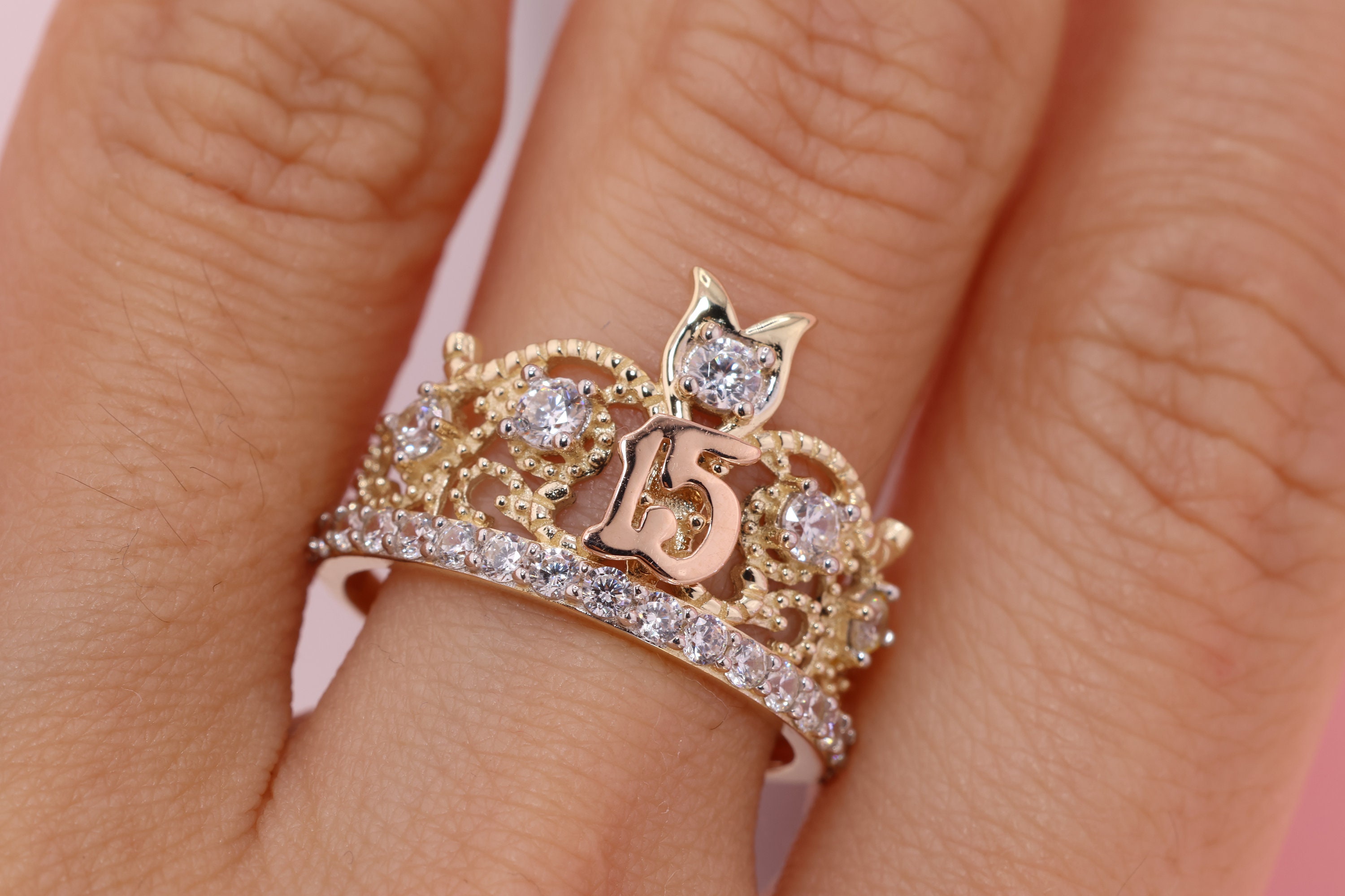 14K Gold 15 Anos Quinceanera Crown RING/ Fifteen CZ Stones for - Etsy